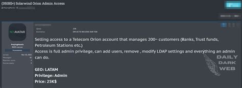 Threat Actor Claims To Sell Admin Access To Solarwinds Orion Account In Latin America Daily