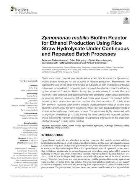 Pdf Zymomonas Mobilis Biofilm Reactor For Ethanol Production Using