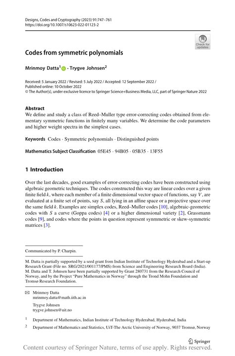 Codes From Symmetric Polynomials Request Pdf