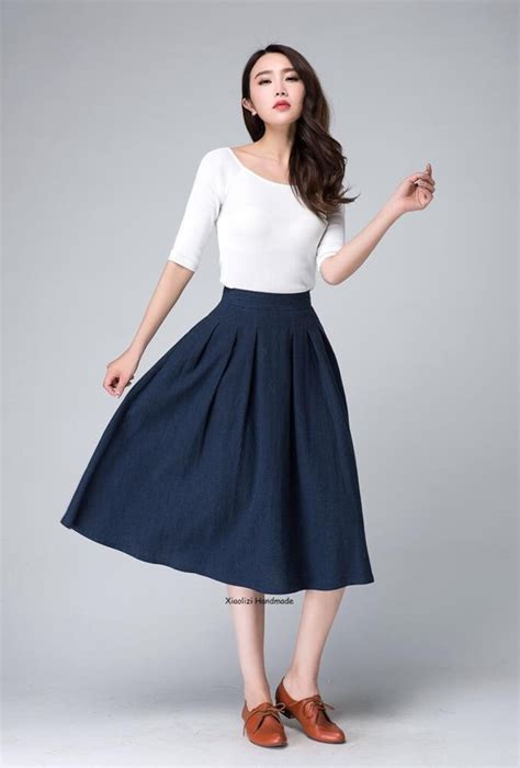 High Waist A Line Pleated Midi Skirt Women S Swing Etsy