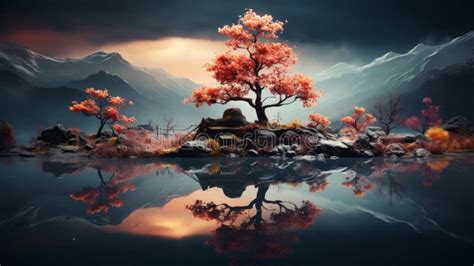 Reflection In The Lake Generative Ai Stock Illustration