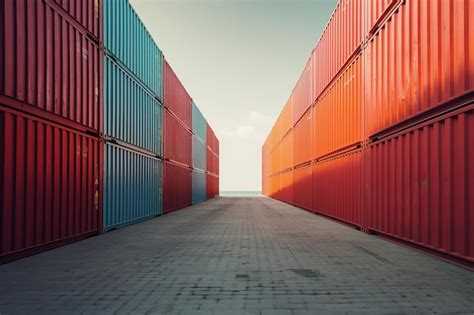 Premium AI Image A Red And Blue Container Is In Between Two Rows Of Containers The Concept Of