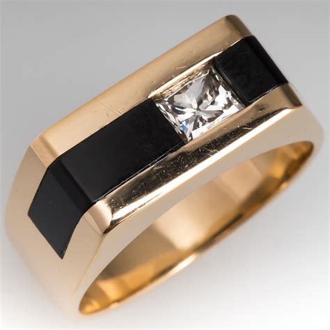 Mens Diamond Black Onyx Inlay Ring 14K Gold