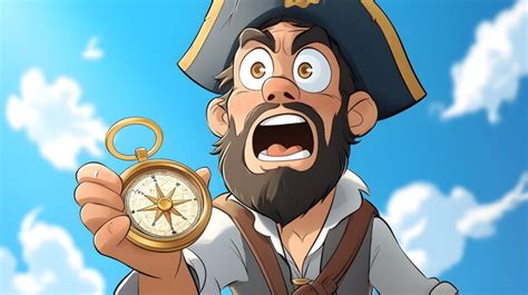 Pirate Captain Plotting Course On Treasure Map With Golden Compass