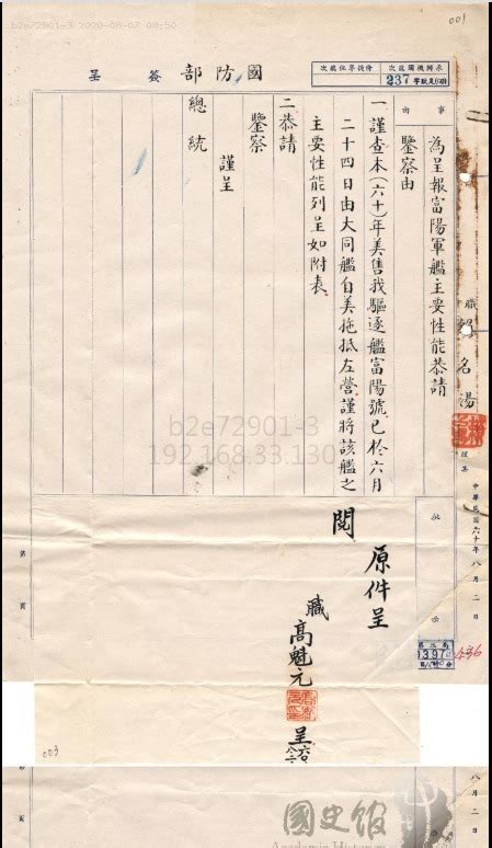 賴名湯呈蔣中正美國軍售 ＃驅逐艦富陽號 國史館academia Historica