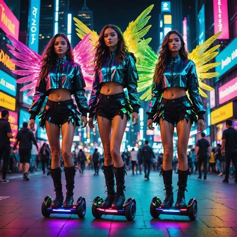 With Future Dress And Neon Wings On Hoverboards In A Cyber City