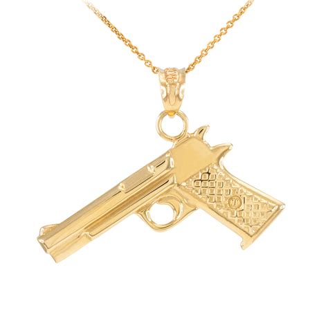 Solid Yellow Gold Pistol Gun Pendant Necklace Colt 45 Pistol Gun