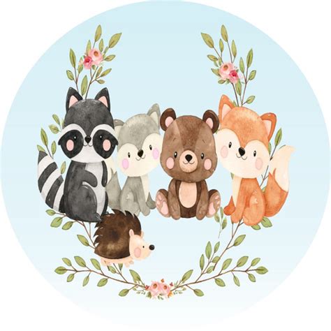 Painel De Tecido Sublimado Redondo Florestinha Animais Aquarela C