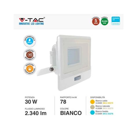 30W Con Sensore LUCE 4000K NATURALE SKU 20275 V TAC PRO Faro LED Chip