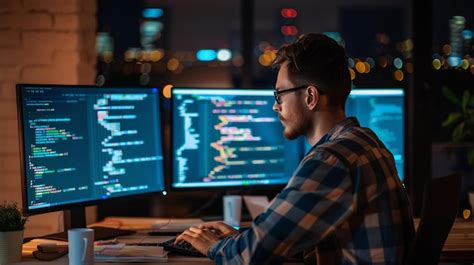 Focused Young Male Software Engineer Working Late At Night In A Dark