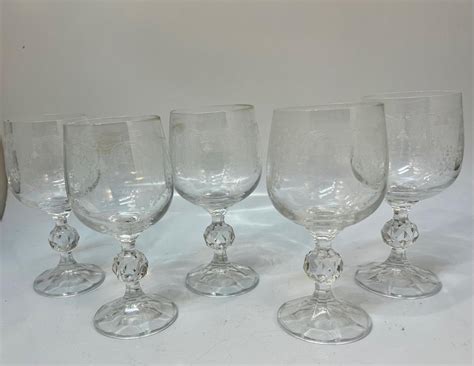 5 Stemmed Wine Glasses Etched