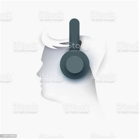 흰색 배경에 고립 된 머리의 헤드폰 만화 공예 종이 컷 스타일의 창조적 인 3d 개념 밝고 최소한의 디자인 요소 현대 기하학적