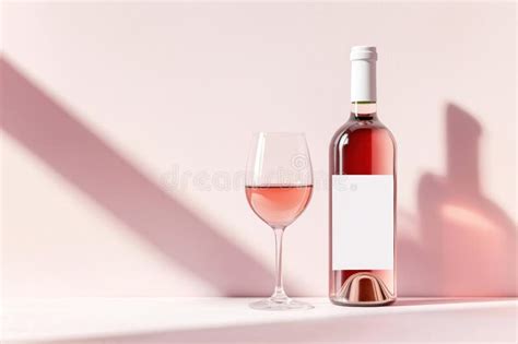 Pink Wine Bottle With Blank White Label Mockup Glass Of Rose Wine On