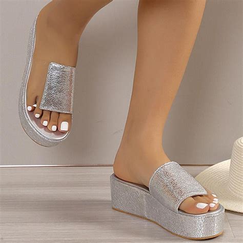 Women Litchi Embossed Single Band Wedge Slide Sandals Glamorous