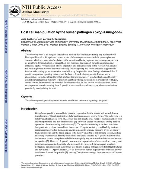 Pdf Host Cell Manipulation By The Human Pathogen Toxoplasma Gondii