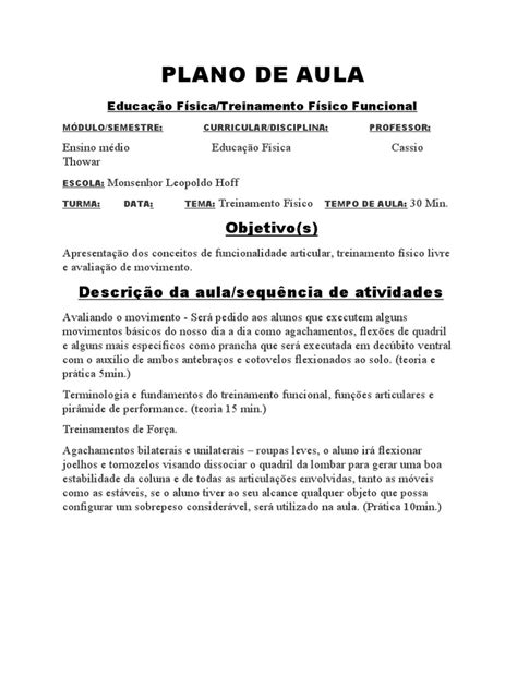Plano De Aula Pratica Funcional Pdf
