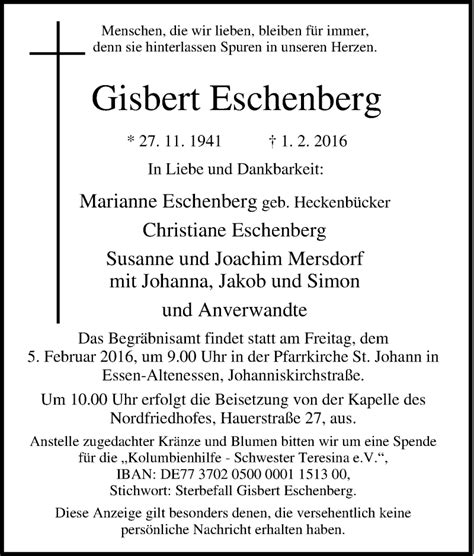 Traueranzeigen Von Gisbert Eschenberg Trauer In Nrwde