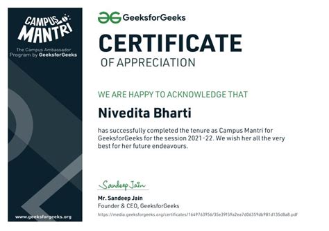 Nivedita Bharti On Linkedin Gfg Campusambassador Completed