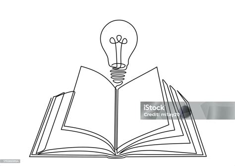 열린 교과서 로고 아이덴티티 위에 빛나는 전구의 한 줄의 그림 연속 선 그리기 디자인 그래픽 벡터 일러스트 레이 션 개념에 대한
