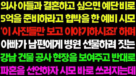 실화사연 의사 아들과 결혼하고 싶으면 예단비로 5억을 준비하라고 협박을 한 예비 시모에게 친정 아버지가 역대급 참교육을 시키는데