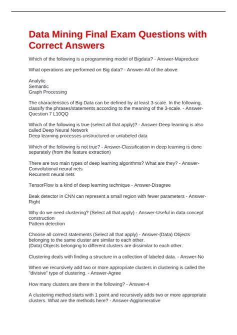 Data Mining Final Exam Questions With Correct Answers Data Mining