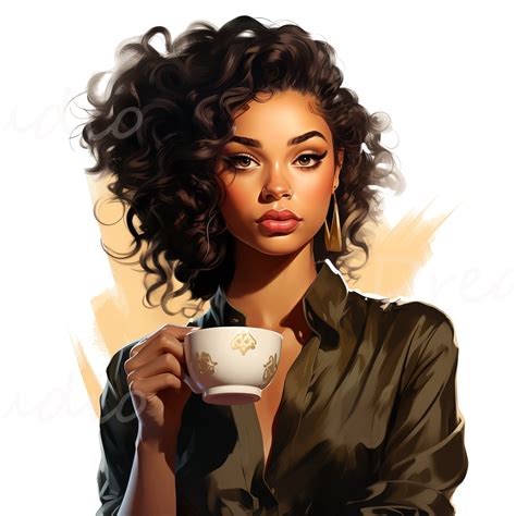 Tea Sipping Clipart Png Afro American Woman Png Watercolor Black