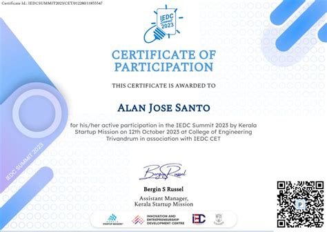Iedc Summit Participation Certificate Alan Jose Santo