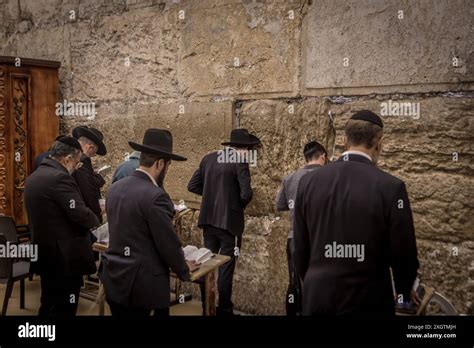 Several Ultra Orthodox Jews Haredi Reading Torah In Front Of The
