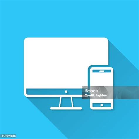 데스크톱 컴퓨터와 스마트폰 파란색 배경에 아이콘 긴 그림자가 있는 평면 디자인 3차원 형태에 대한 스톡 벡터 아트 및 기타 이미지 3차원 형태 개념 개체 그룹