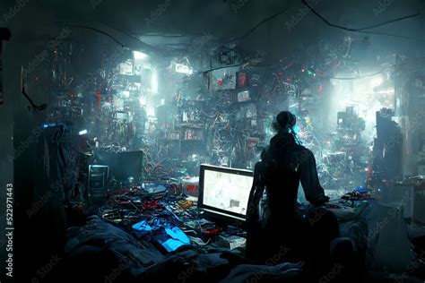 Messy And Dark Cyberpunk Hacker Hideout Room With Cyan Christmas Lights Neural Network