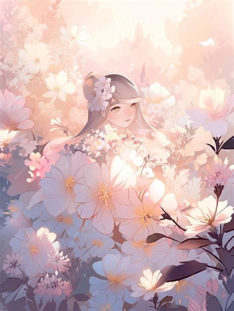 Premium Ai Image Anime Girl In A Flowery Field With A Bird In Her