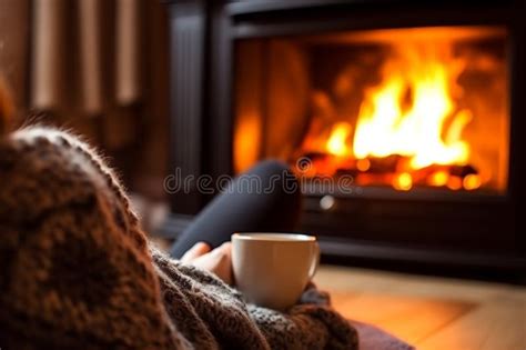 Woman Sitting Enjoying Home Comfort Hot Coffee Tea Winter Evening Cozy