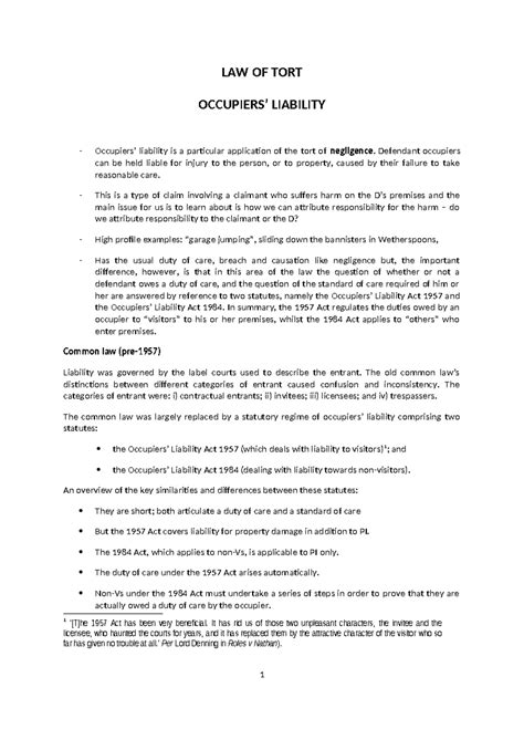 Week 5 Occupiers Liability Handout Part I Law Of Tort Occupiers