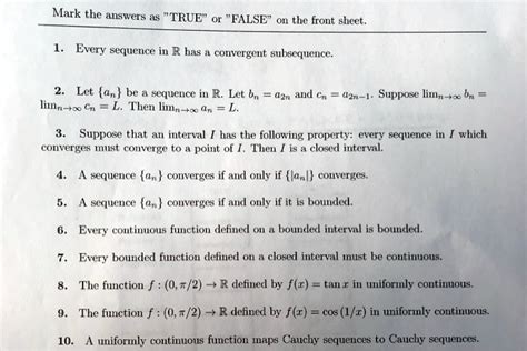 Solved Mark The Answers As True Or False On The Front Sheet Every
