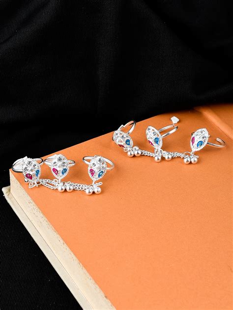 Buy Silvermerc Designs Set Of 2 Silver Plated Ghungroo Meenakari Triple