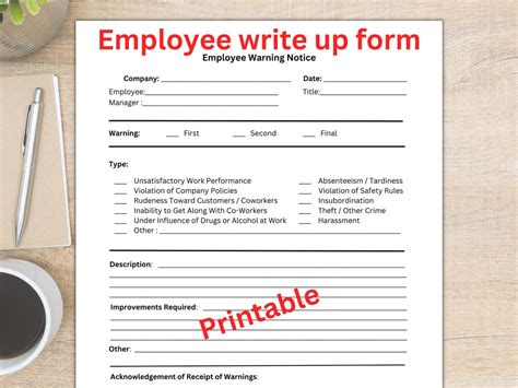 Employee Write Up Form Staff Write Up Form Write Up Form Workplace Write Up Form Writeup
