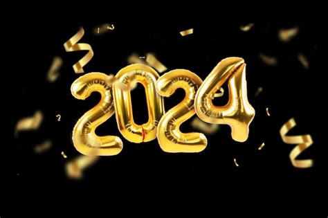 Feliz Ano Novo 2024 Balões Dourados Com Confete Dourado Em Fundo Preto