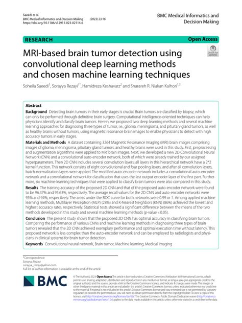 Mri Based Brain Tumor Detection Using Convolutional Deep Learning Methods And Chosen Machine