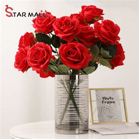 [ขายดี] ดอกกุหลาบปลอมดอกไม้สัมผัสจริง Prop 10หัวสำหรับของตกแต่งงานแต่งงานในบ้าน Party Star