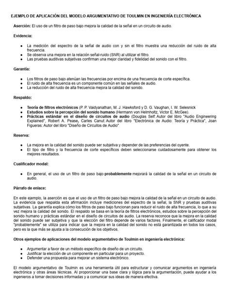 Ejemplo De Aplicación Del Modelo Argumentativo De Toulmin En Ingeniería Electrónica Pdf