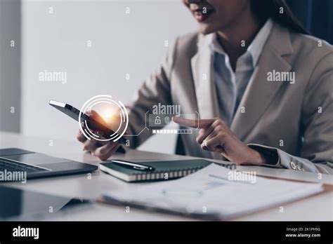 A Business Woman Using Fingerprint Scan To Cyber Security For His Saving Account Business