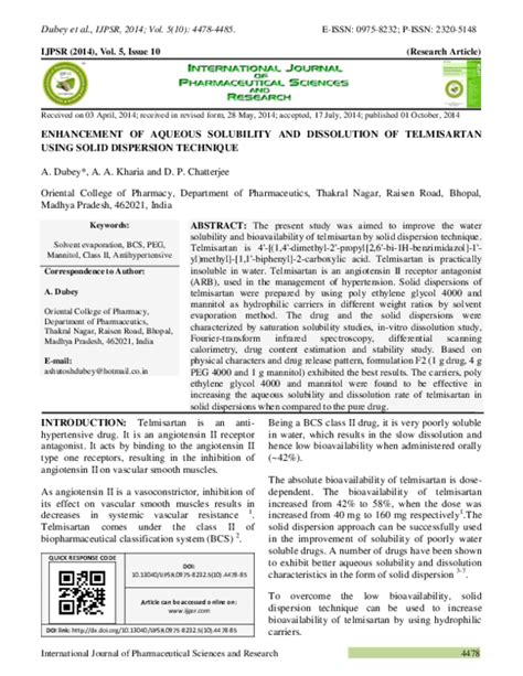 Pdf Enhancement Of Aqueous Solubility And Dissolution Of Telmisartan Using Solid Dispersion