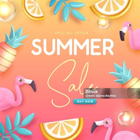 여름 큰 판매 타이포그래피 포스터 3d 플라스틱 플라밍고 열대 과일 및 파인애플 여름 배경입니다 벡터 그림 3차원 형태에 대한 스톡 벡터 아트 및 기타 이미지 Istock