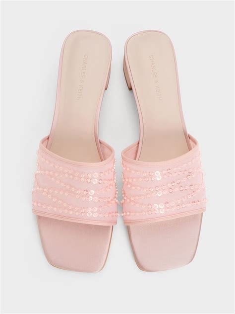 Nude Mesh Sequinned Block Heel Mules Charles And Keith International