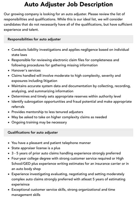 Auto Adjuster Job Description Velvet Jobs