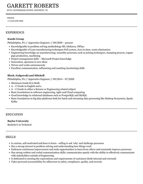 Apprentice Engineer Resume Samples Velvet Jobs