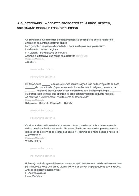 Questionário II Debates Propostos PELA BNCC Gênero Orientação Sexual E Ensino Religioso Studocu