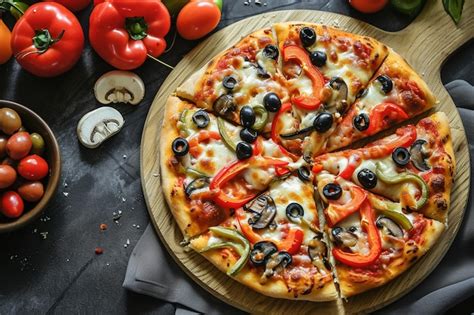 Mix Pizza Olives Bell Pepper Cheese Mushrooms Top View Premium Ai