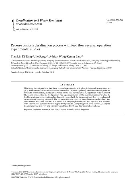 Pdf Reverse Osmosis Desalination Process With Feed Flow Reversal