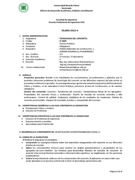 Ic0605 Tecnología Del Concreto SÍlabo 2022 Ii Descargar Gratis Pdf